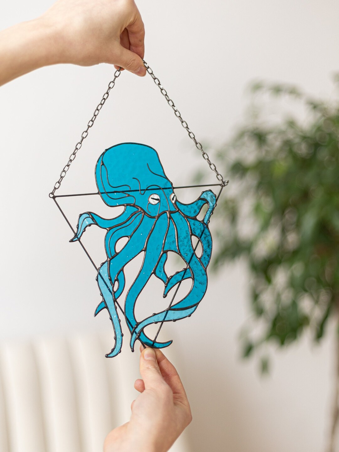 Blue Octopus Stained Glass Suncatcher. House Home Decor. Window Wall ...