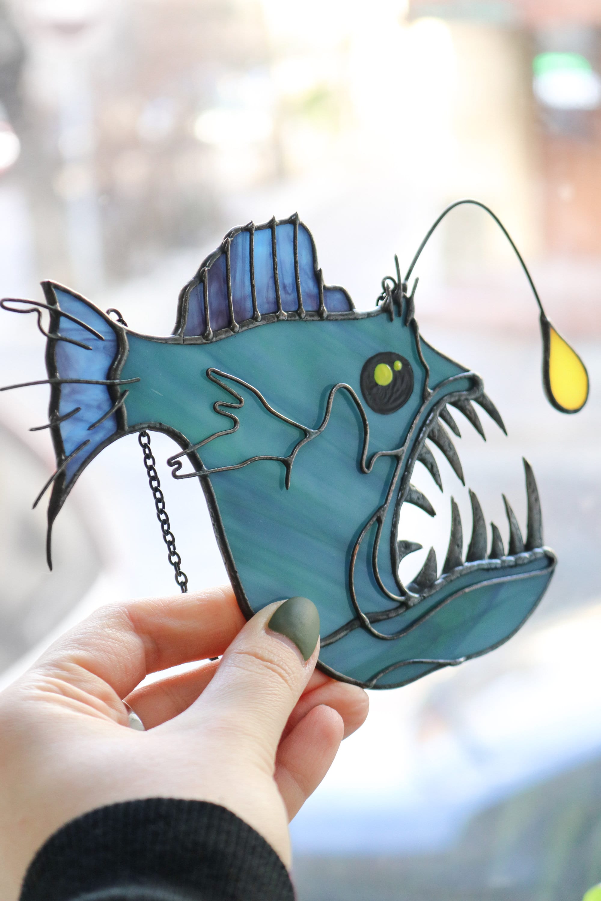 Anglerfish Suncatcher Stained Glass Decor Blue Home House Window Wall ...