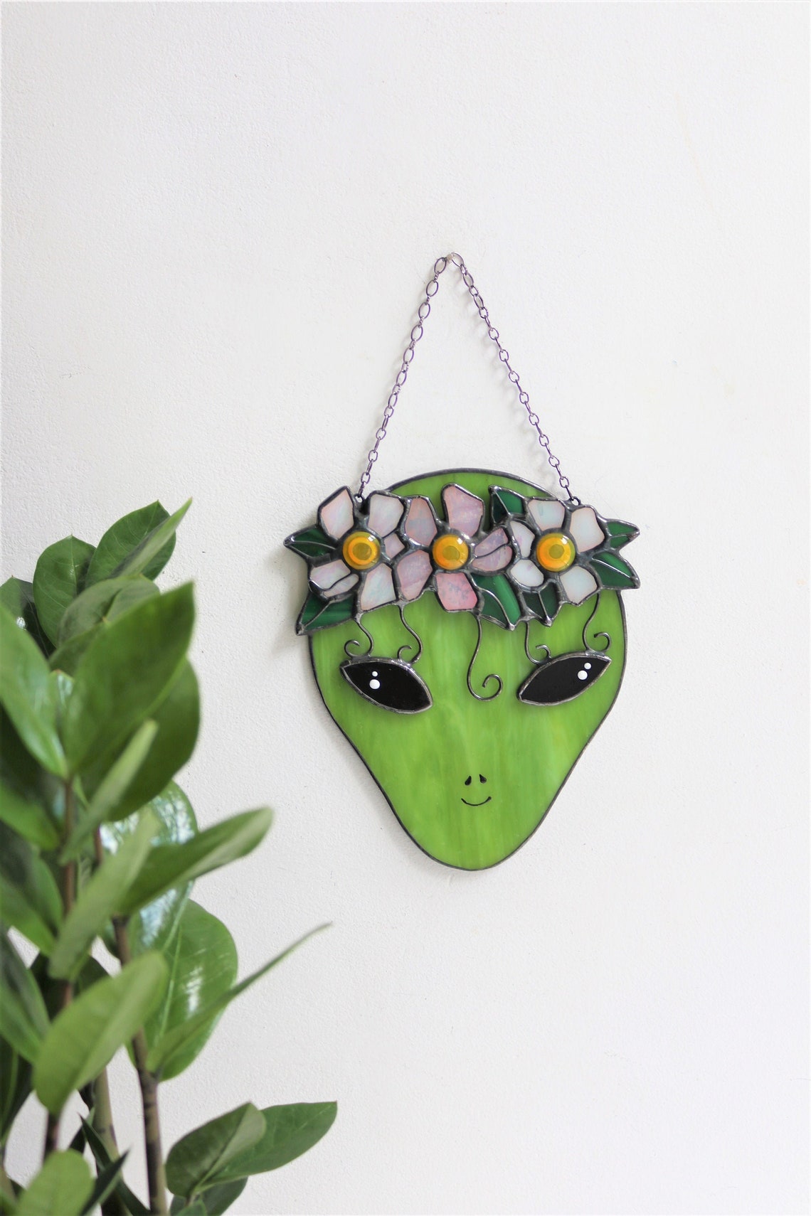 Stained Glass Alien UFO Green Sun Catcher Panel Suncatcher - Etsy