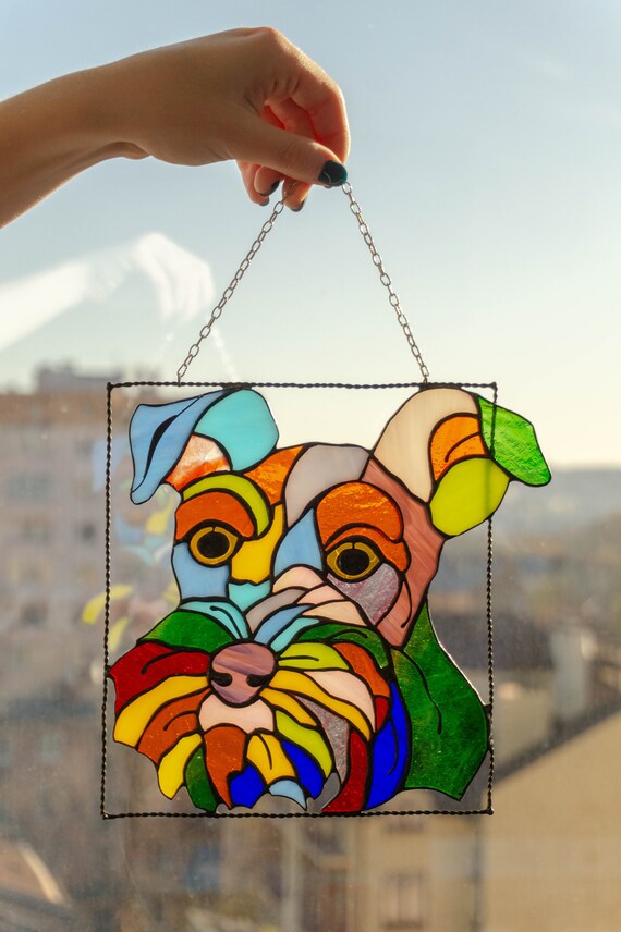 Stained Glass Portrait Dog Custom Art Face Suncatcher Home | Etsy