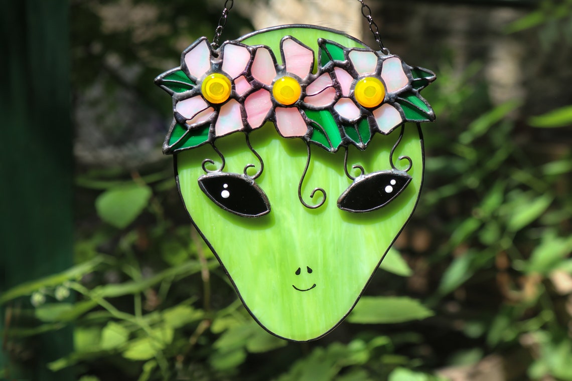 Stained Glass Alien UFO Green Sun Catcher Panel Suncatcher - Etsy
