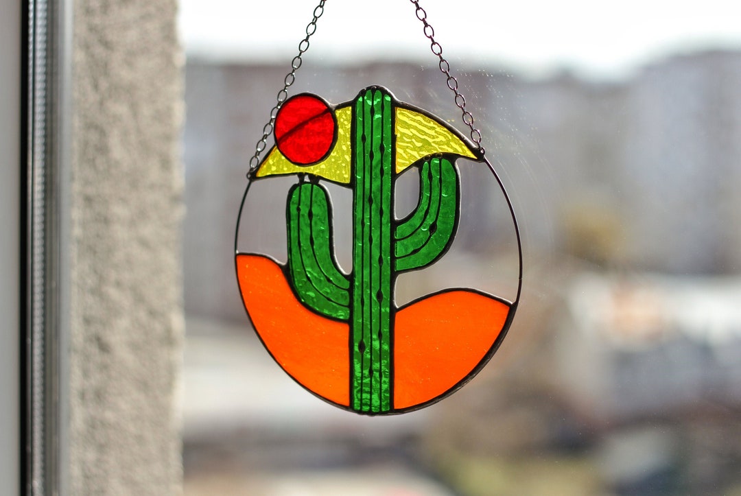 Suncatcher Cactus Stain Glass Picture Home House Decor Window Wall ...