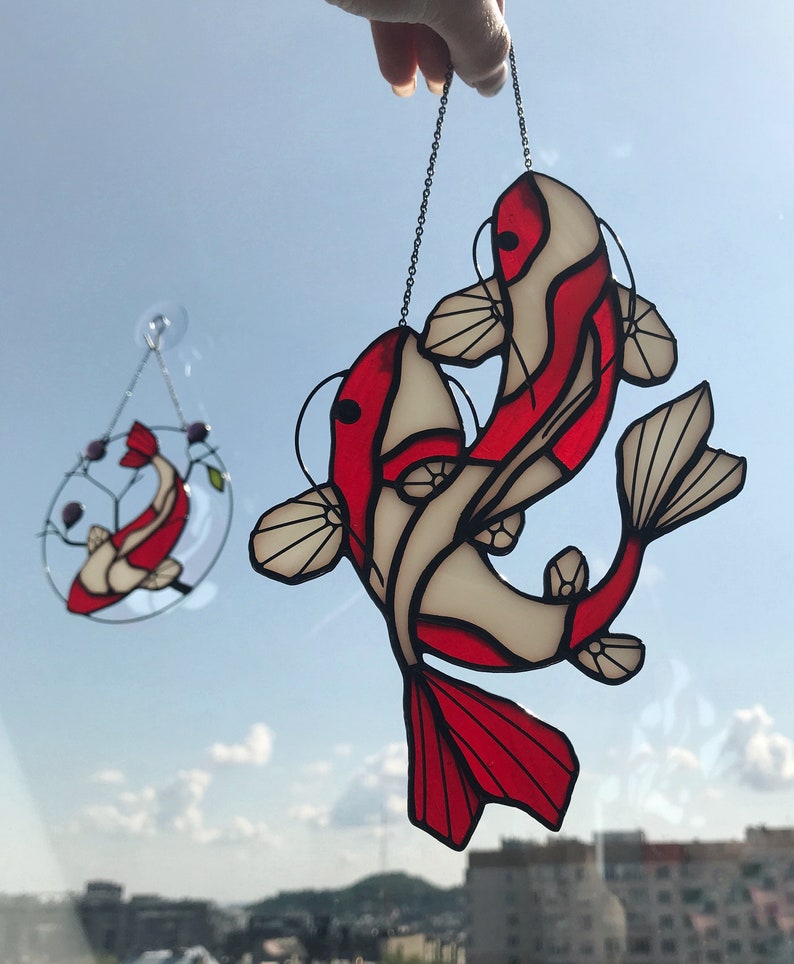 Stained Glass Red Fish Fancy Carp Suncatcher Panel Tiffany | Etsy