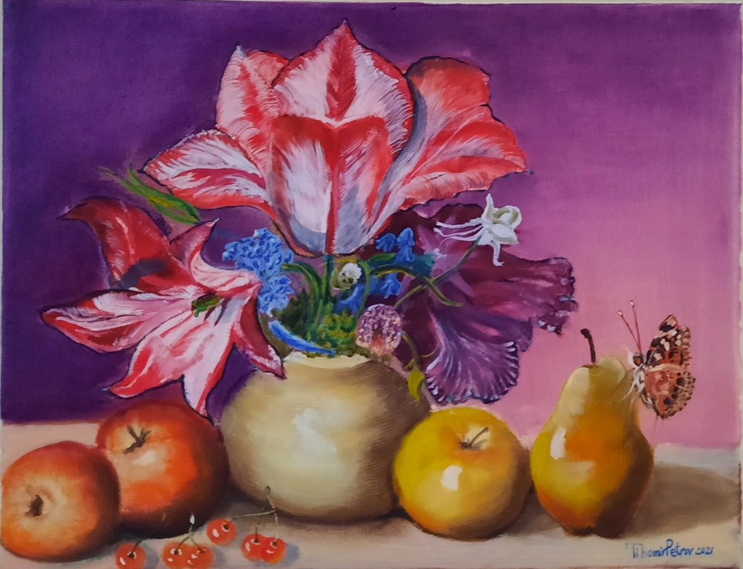 Flowers, Fruit, and a Butterfly, Still Life - Etsy