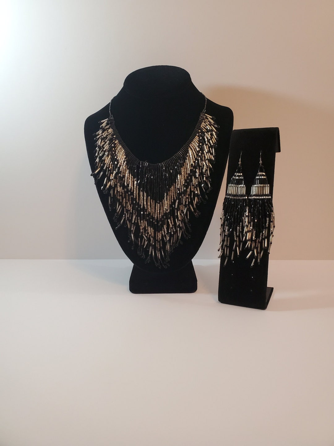 Black and White Seed Bead Collar Bib Necklace and Matching Dangle ...