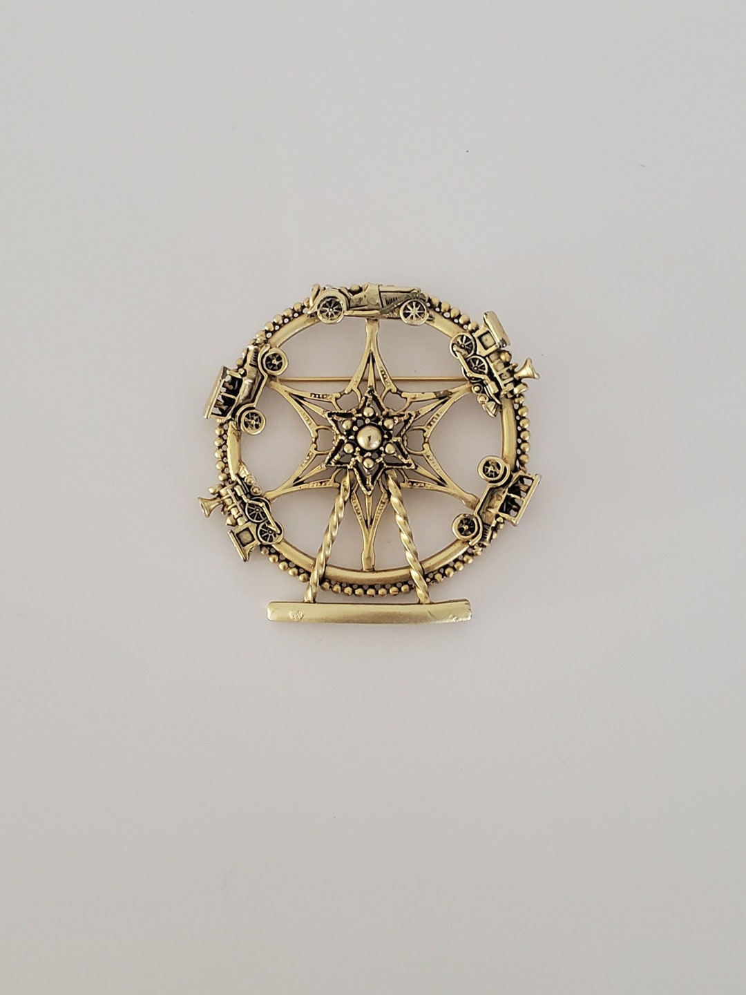 Large Gold Tone Ferris Wheel With Antique Cars and Steam Engine Trains ...