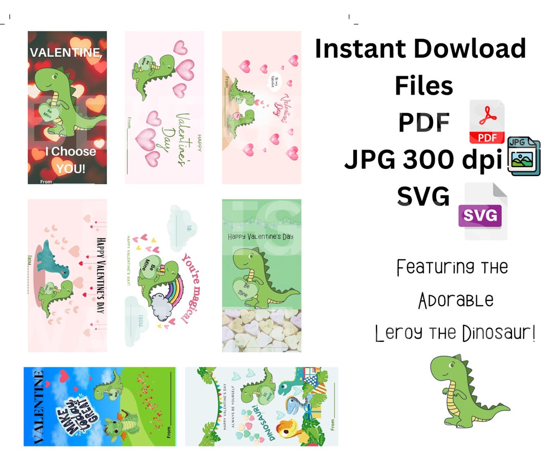 Printable Instant Download, Dinosaur Valentine Card Set, Leroy the Dino ...