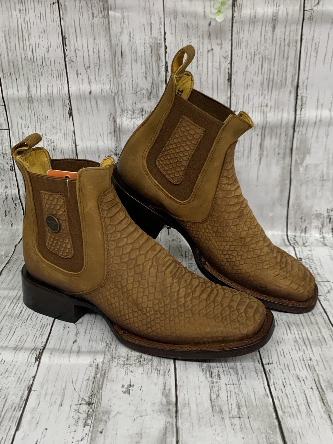 MENS LEATHER COWBOY Nubuck Snake Python Print Skin Faux Square Toe Half ...