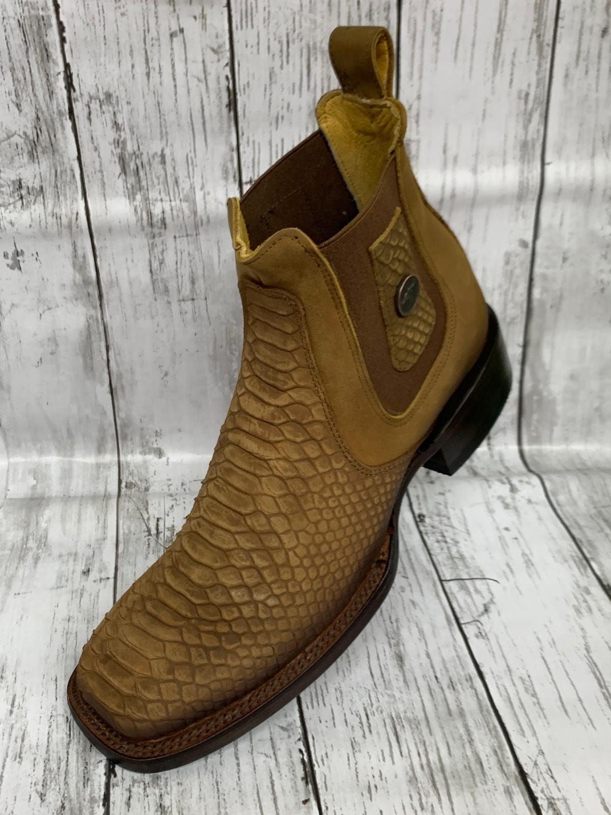 MENS LEATHER COWBOY Nubuck Snake Python Print Skin Faux Square Toe Half ...