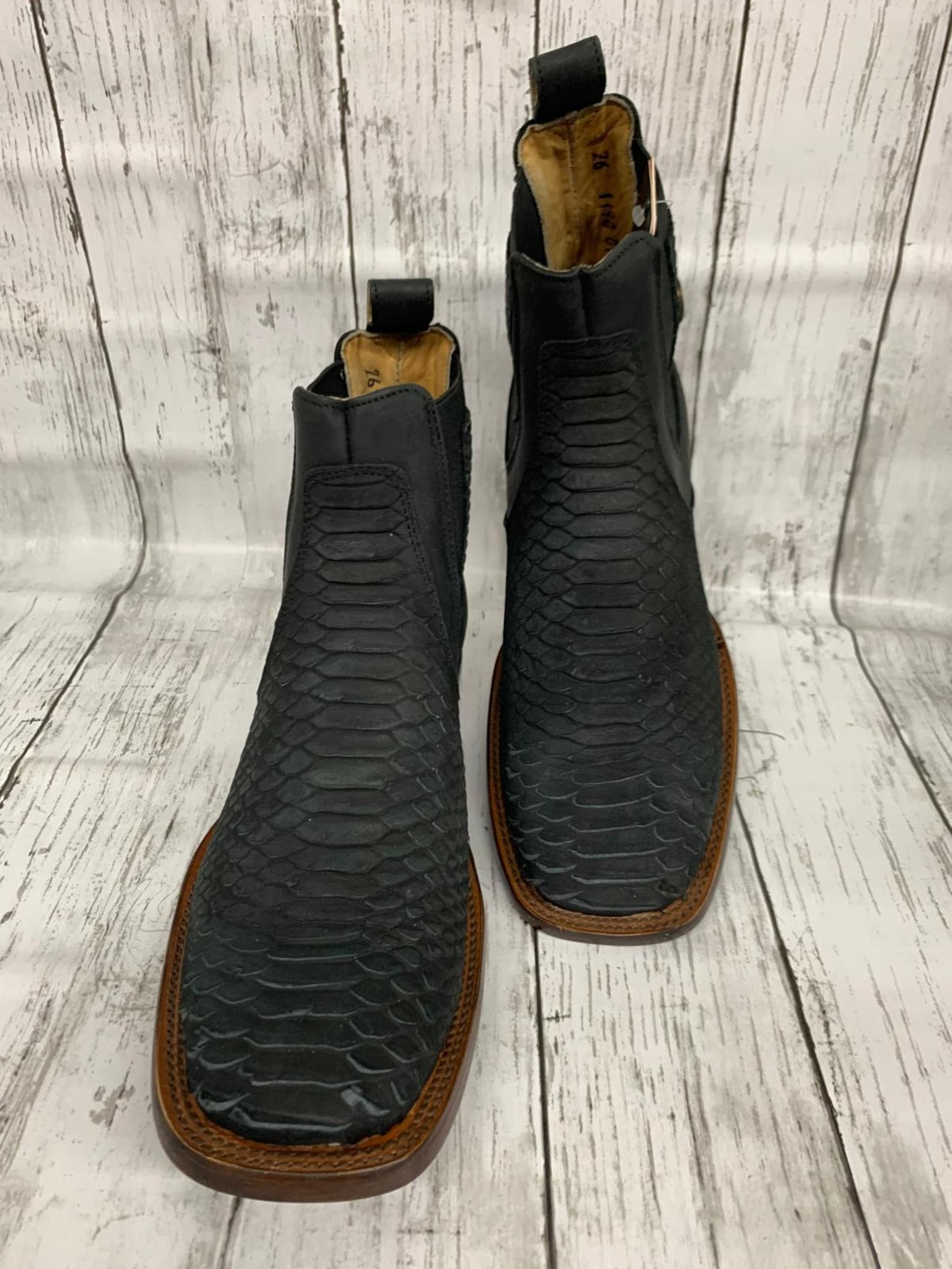 MENS LEATHER COWBOY Nubuck Snake Python Print Skin Faux Square Toe Half ...