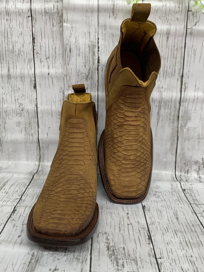 MENS LEATHER COWBOY Nubuck Snake Python Print Skin Faux Square Toe Half ...