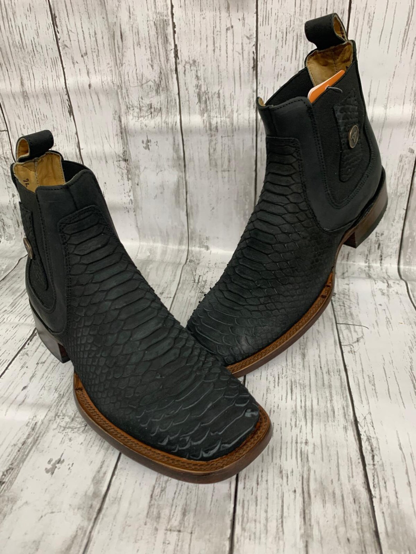 MENS LEATHER COWBOY Nubuck Snake Python Print Skin Faux Square Toe Half ...