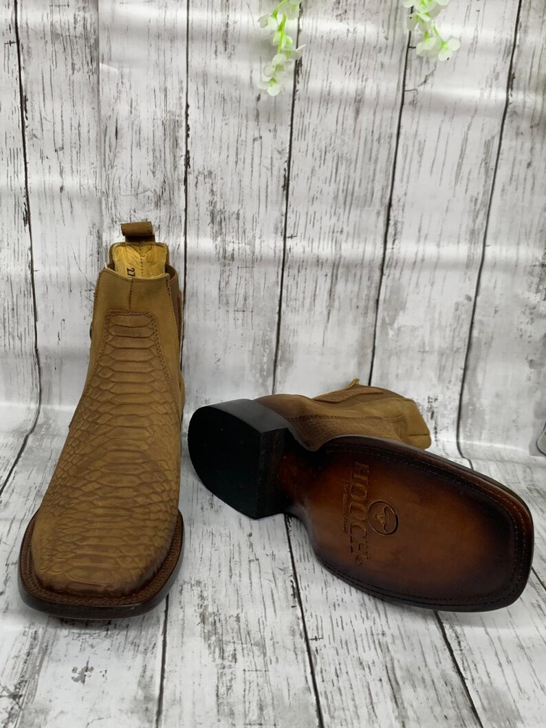 MENS LEATHER COWBOY Nubuck Snake Python Print Skin Faux Square Toe Half ...