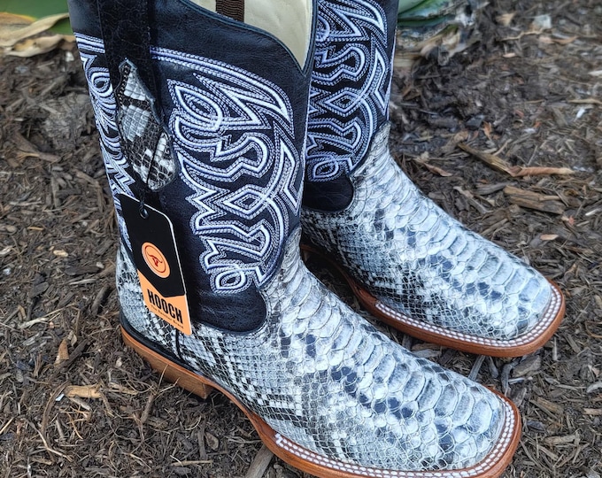 Men's Python Print Leather Boots – Exotic Western Square Toe Cowboy ...