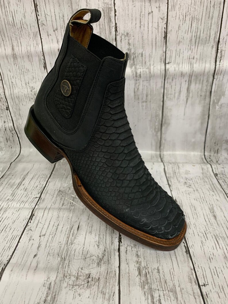 MENS LEATHER COWBOY Nubuck Snake Python Print Skin Faux Square Toe Half ...