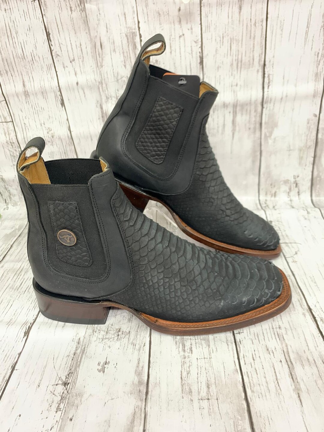 MENS LEATHER COWBOY Nubuck Snake Python Print Skin Faux Square Toe Half ...