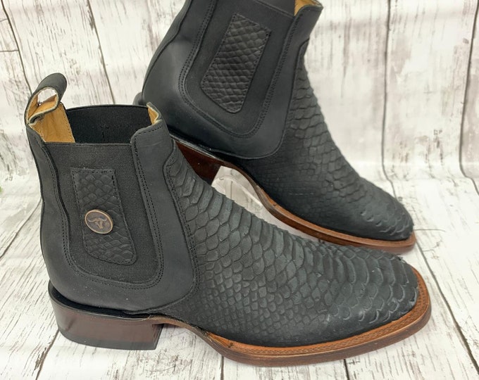 MENS LEATHER COWBOY Nubuck Snake Python Print Skin Faux Square Toe Half ...
