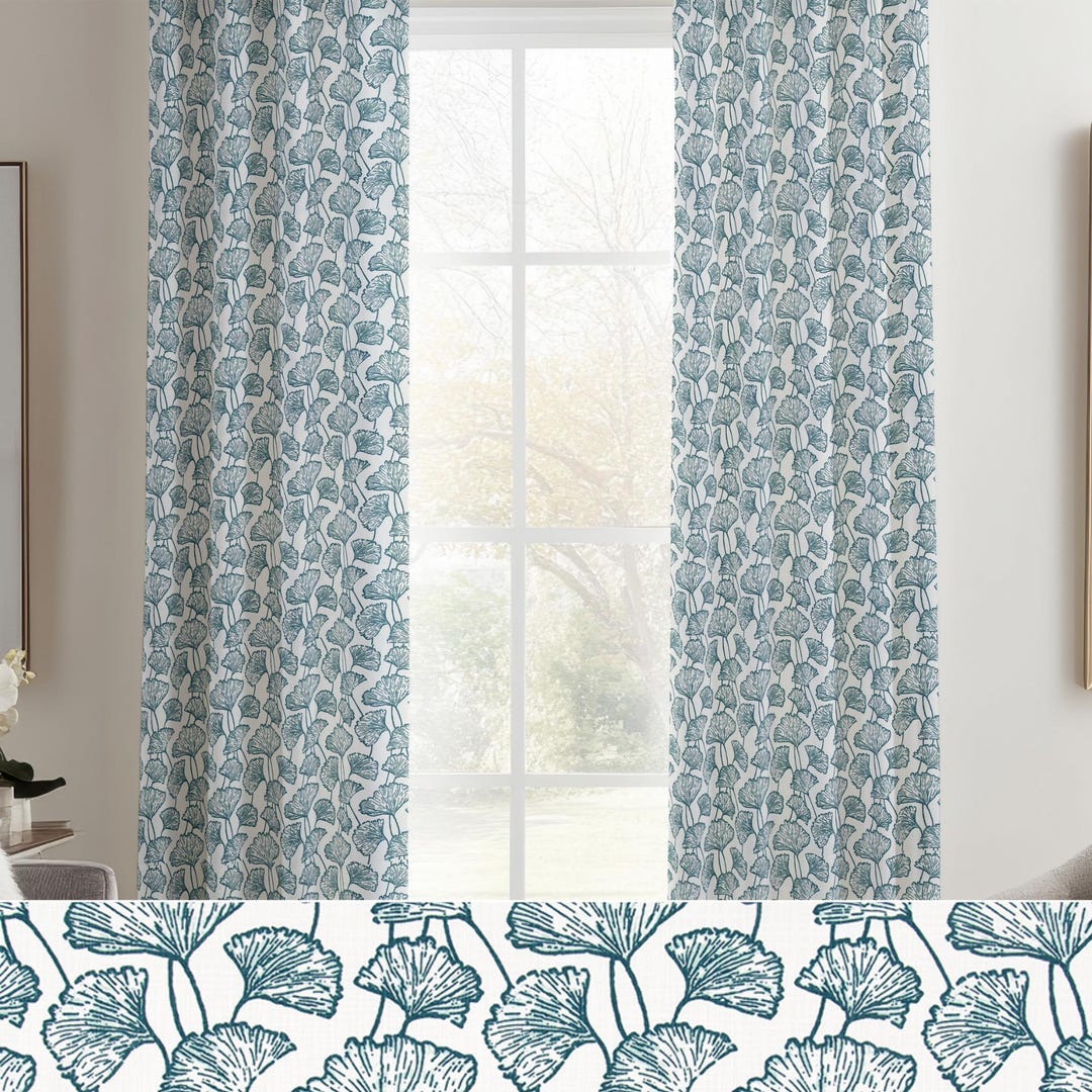 Teal Blue Ginkgo Leaf Curtain: Japandi Style Cotton Drapes, USA Made ...