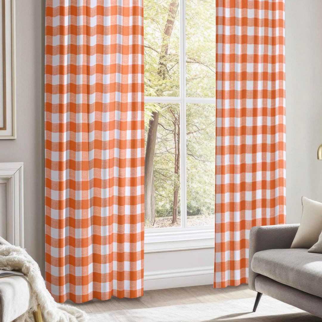 Orange Buffalo Check Drapes: Plaid Country Farmhouse Curtain Window ...