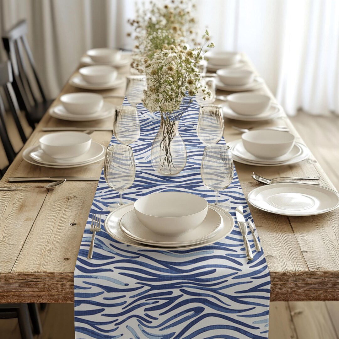 Cobalt Blue Wave Dining Table Runner: Contemporary Slub Cotton, Bulk ...