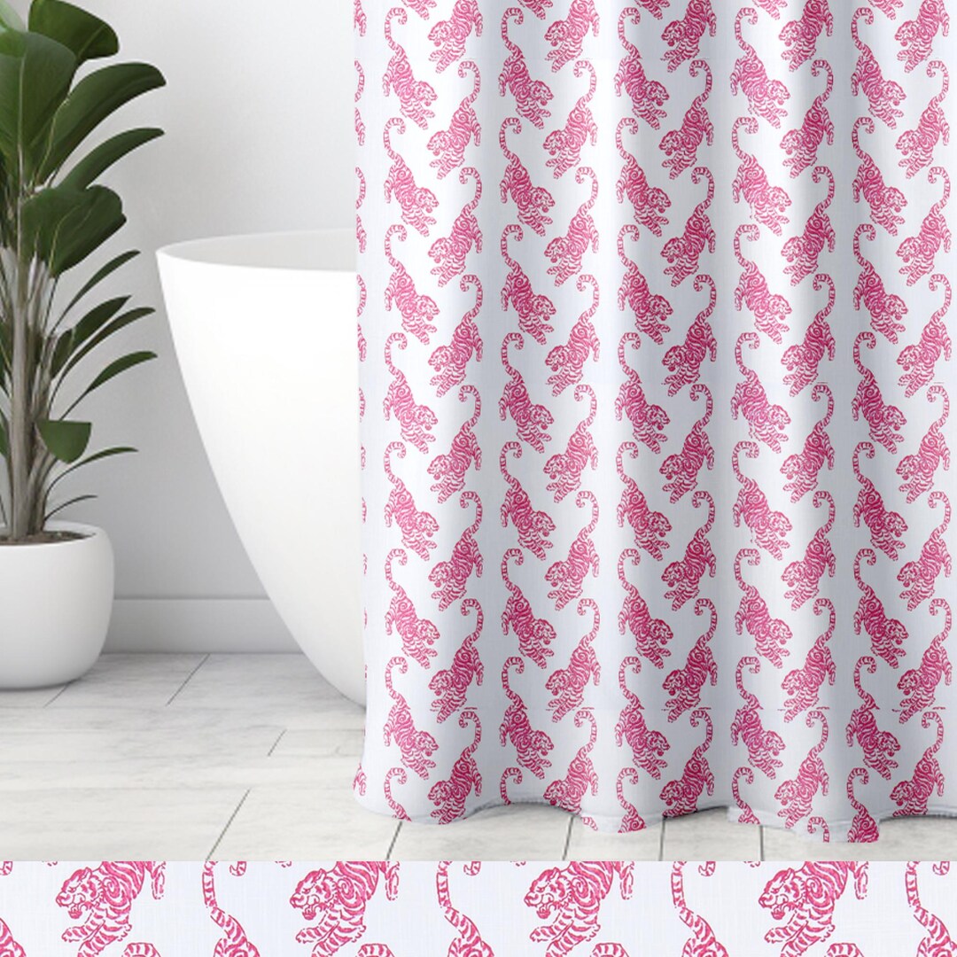 Hot Pink Tiger Slub Fabric Shower Curtain: Exotic Asian Japandi ...