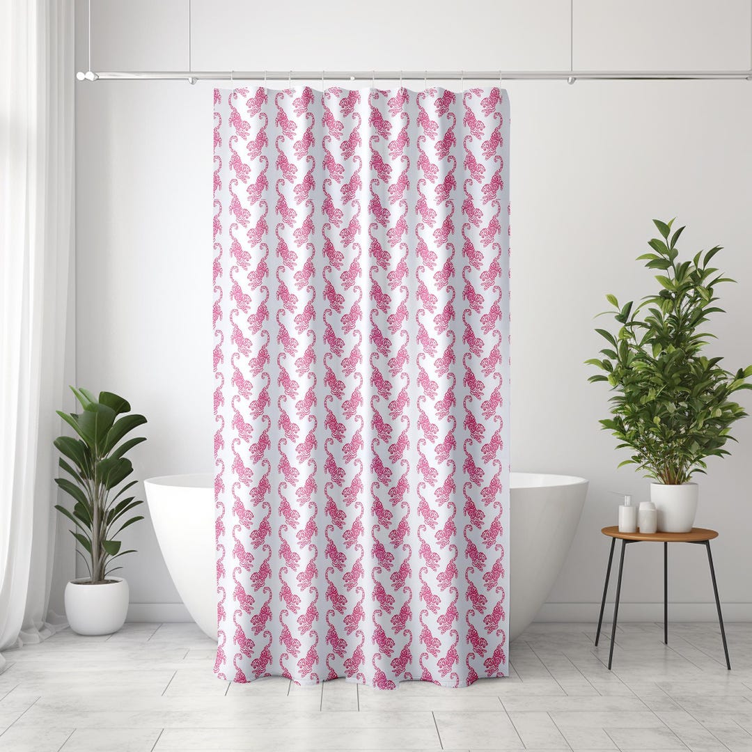 Hot Pink Tiger Fabric Shower Curtain: Slub Cotton Asian Bathroom Decor ...