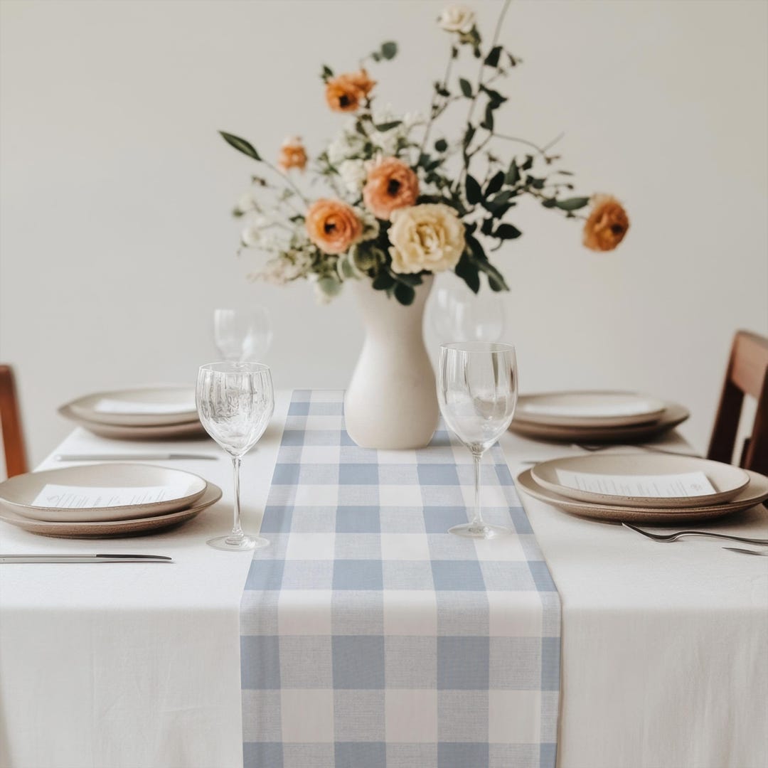 Light Blue Buffalo Check Dining Room Table Runner: Farmhouse Wedding ...