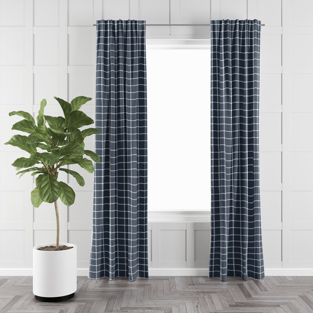 Blue Italian Denim Buffalo Check Curtain Panel: USA Made Cotton Duck ...
