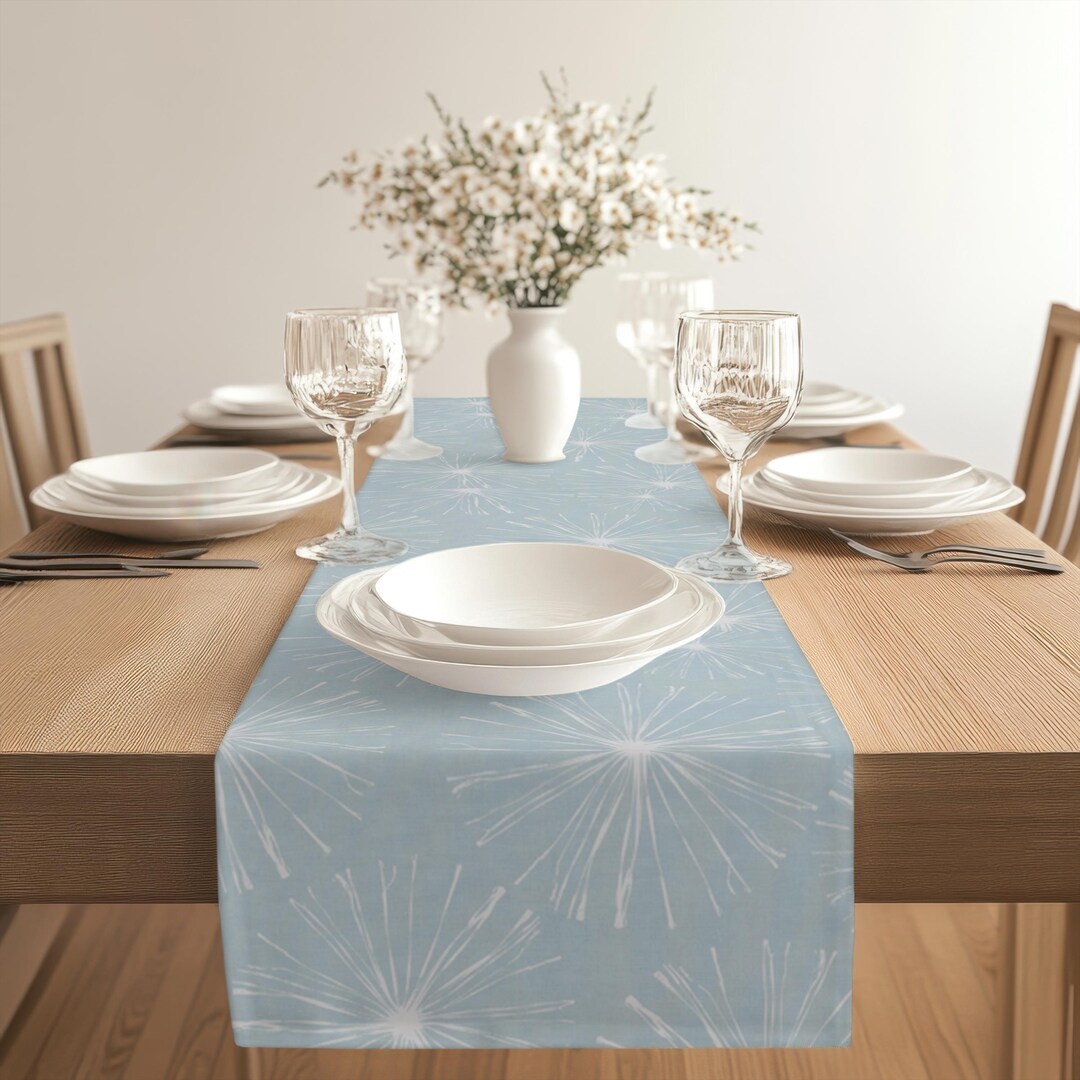 Light Blue Abstract Table Runner, Floral Burst Cotton Baby Shower ...