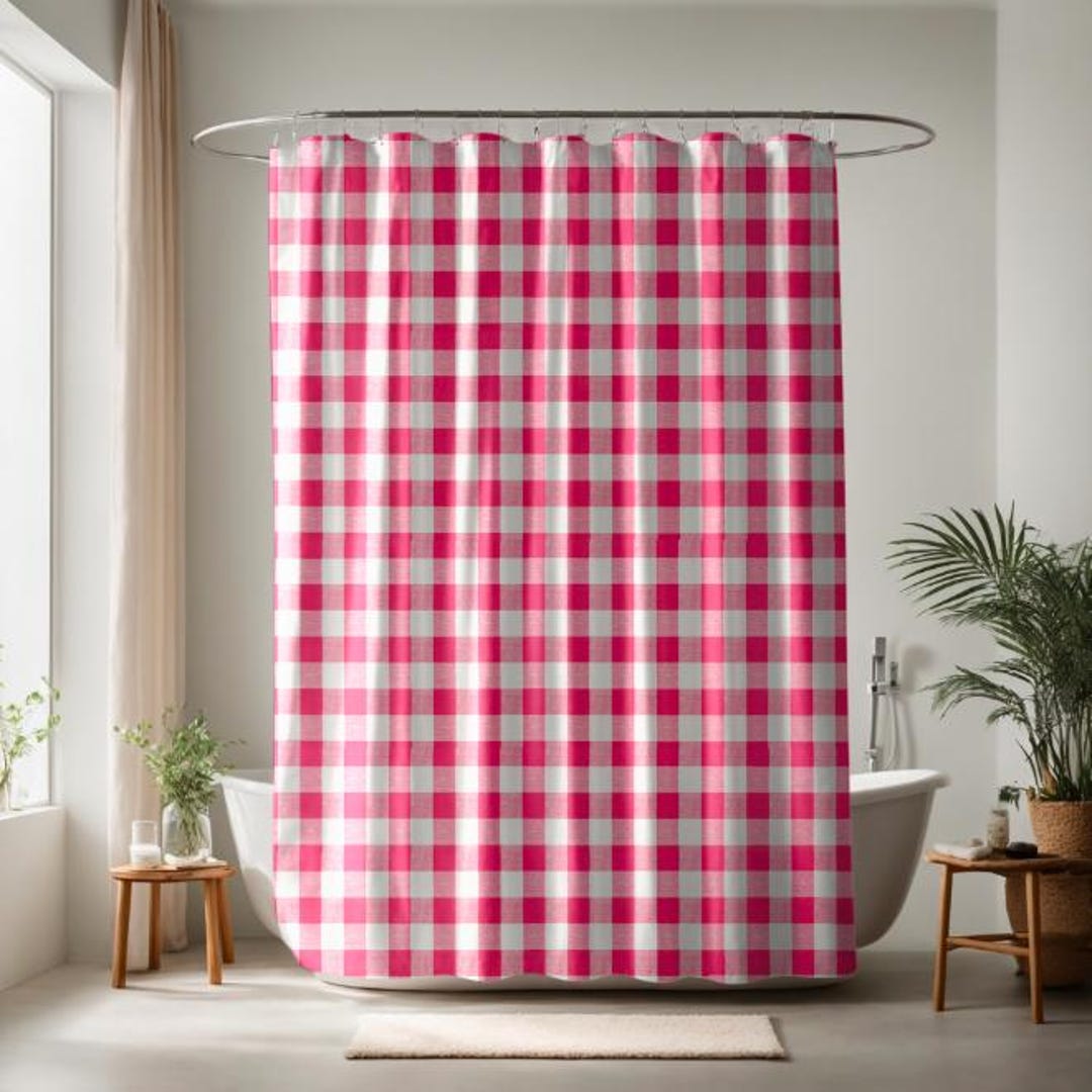 Hot Pink Buffalo Check Fabric Shower Curtain: Plaid Modern Farmhouse ...