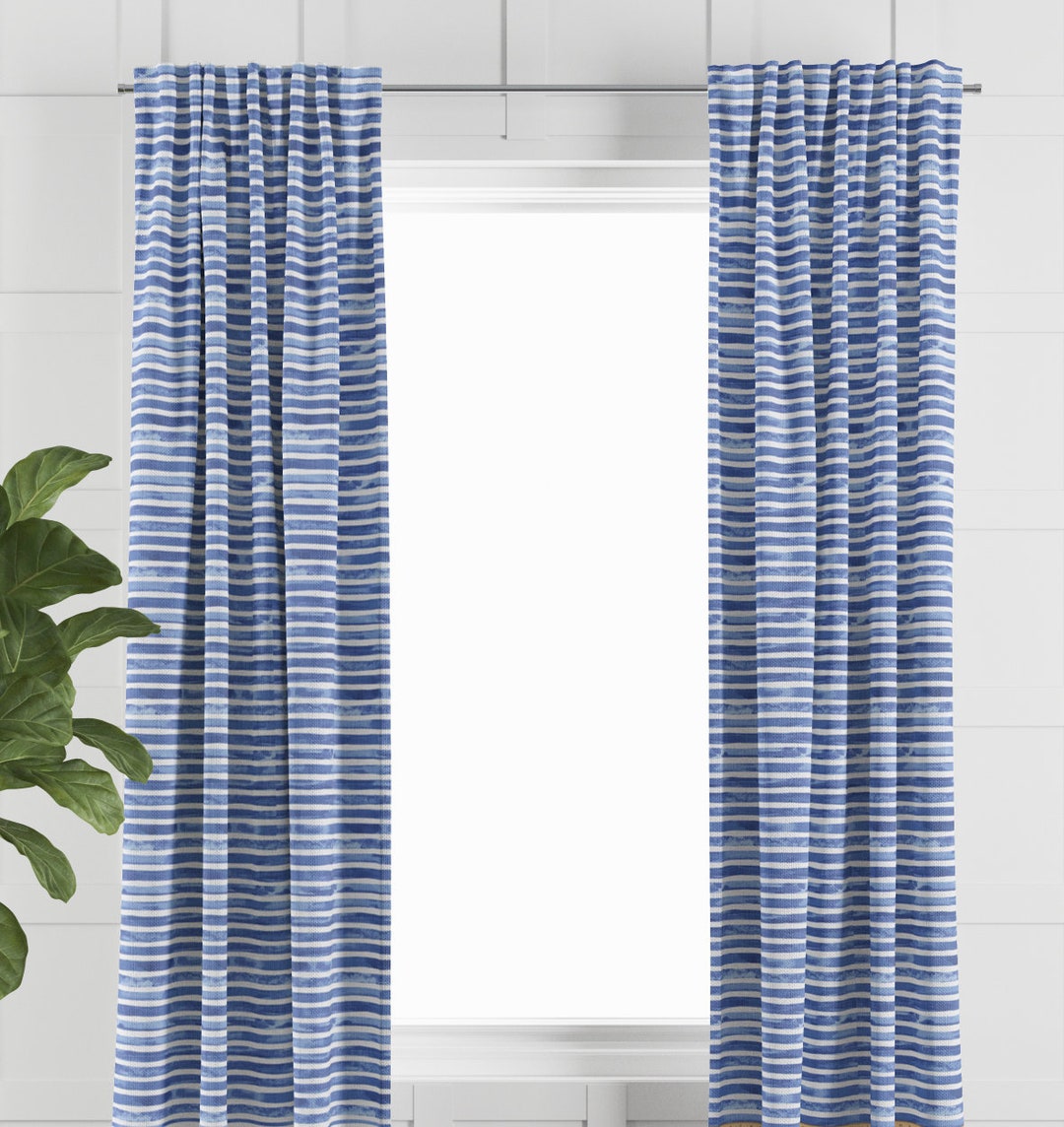 Cobalt Blue Watercolor Stripe Drapes: Abstract Slub Cotton Curtain ...
