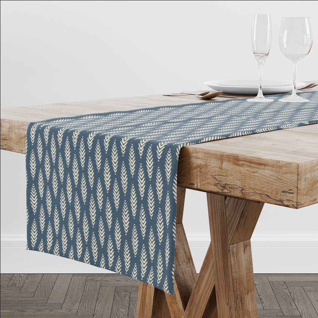 Blue Linen Table Runner: Cream Leaf Pattern, Farmhouse Decor - Etsy