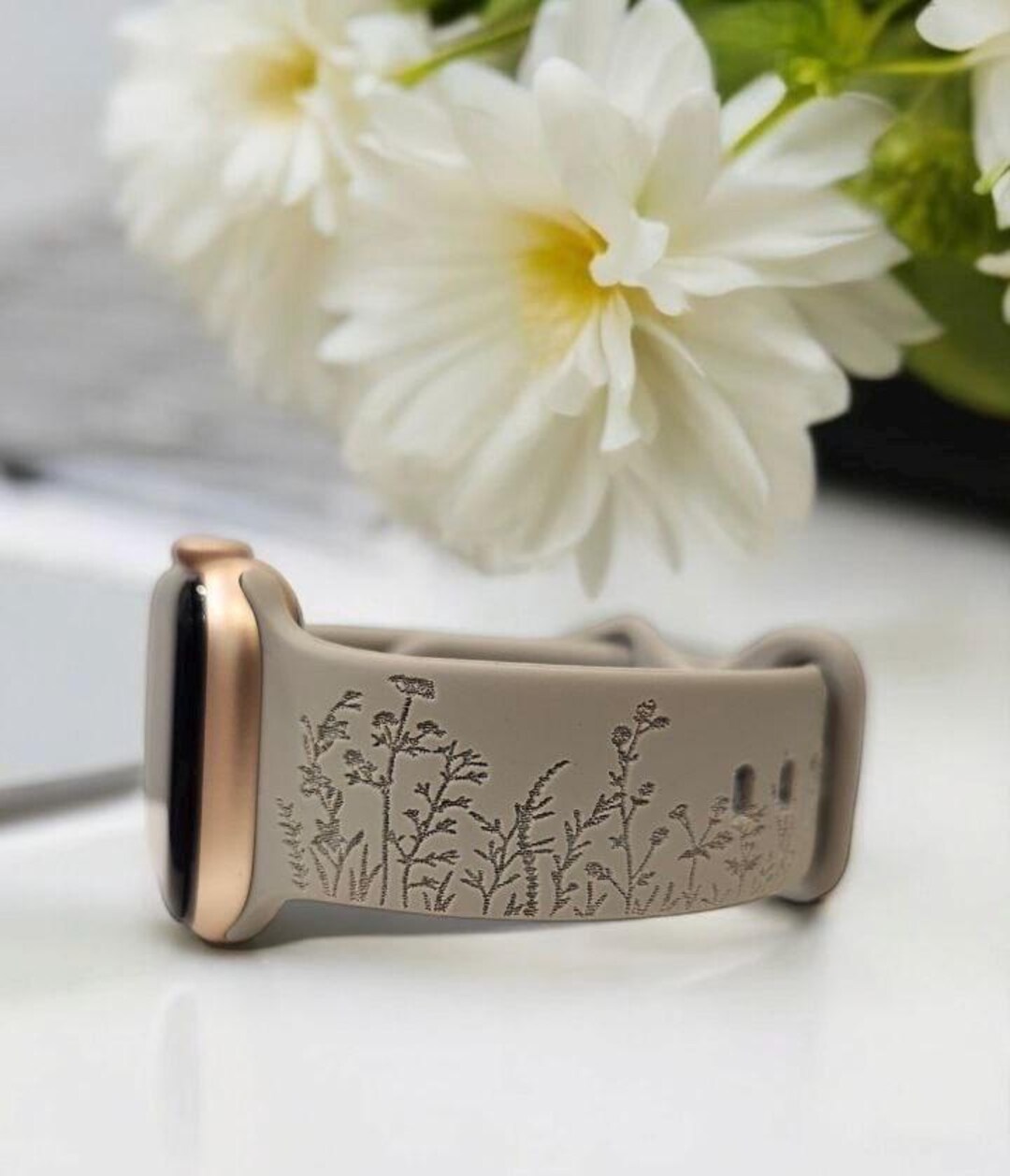 Flowers Lover Engraved Silicone Apple Watch Bands Botanical Gift for ...