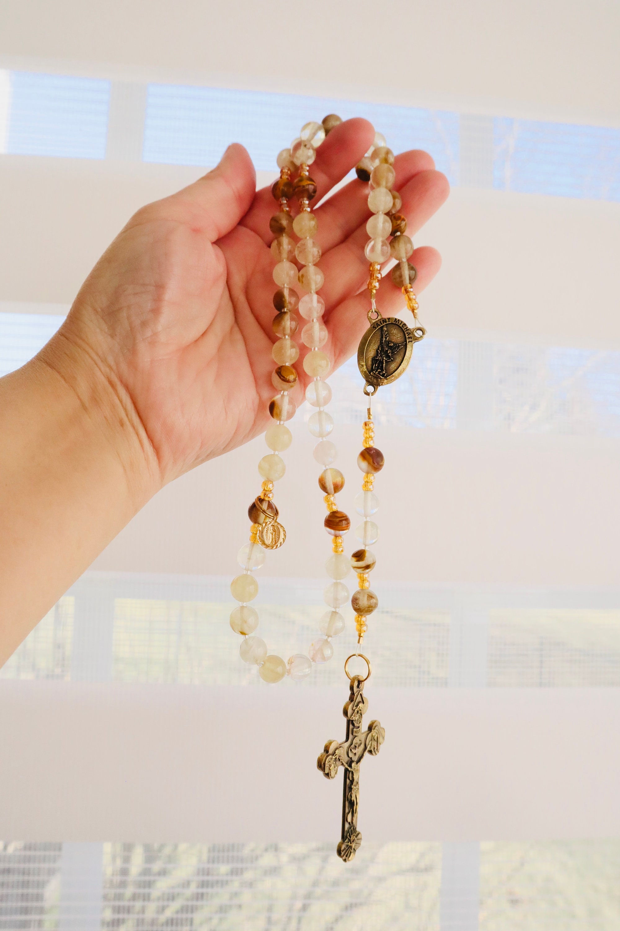 Agate Rosary, St Michael Archangel Women Rosary, Confirmation Girl, Gemstone Rosary, Five Way ...