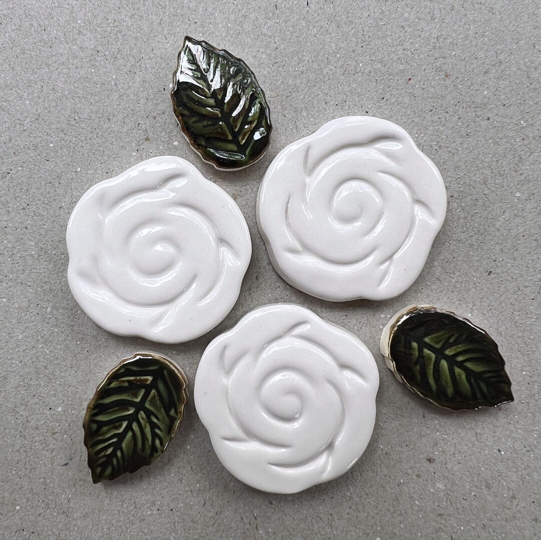 Handmade Ceramic Roses and Leaves - White - Mosaic Tiles, Inserts ...