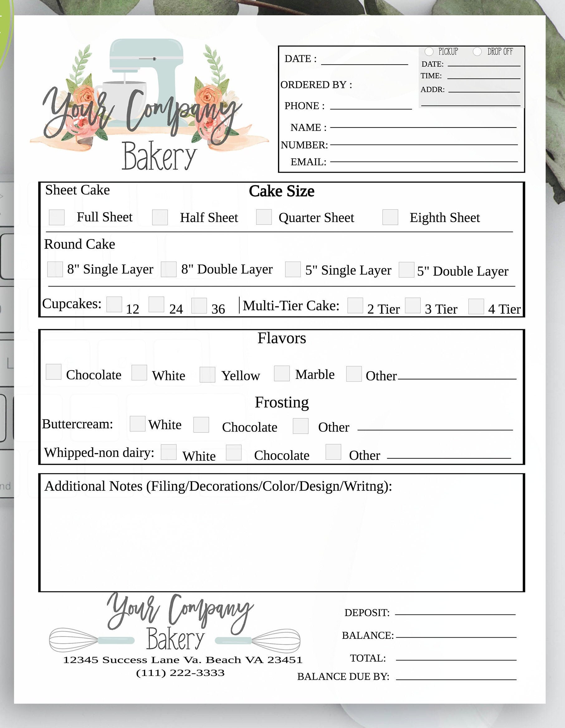 Editable Bakery Order Form Home Bakery Order Sheet Cake Order Etsy