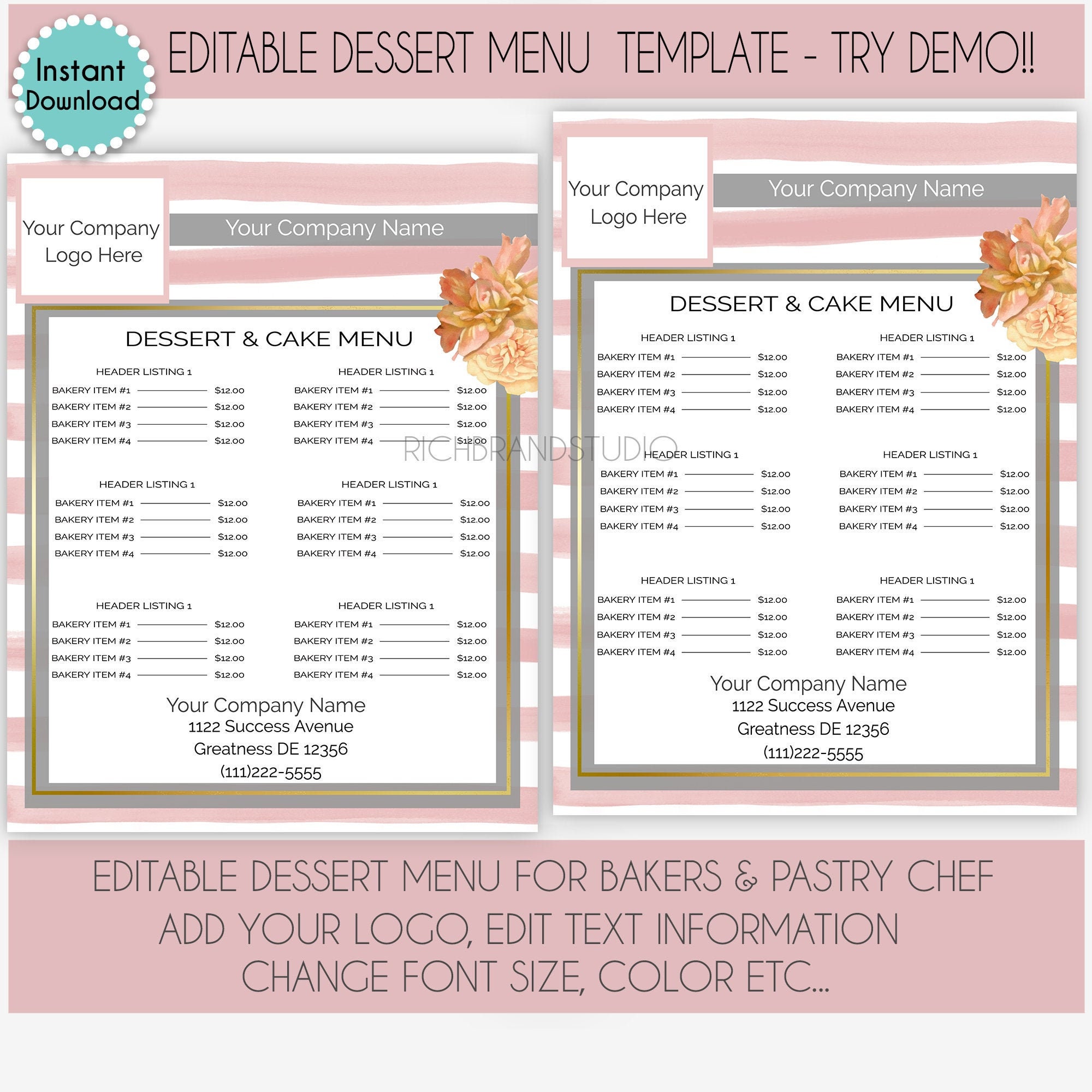 Pink Cake Menu Template Bakery Rack Card Template Wedding Cake Etsy