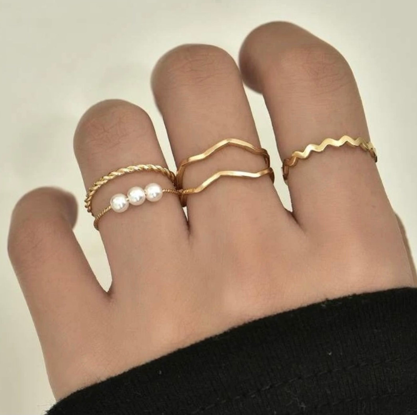 5 Piece Gold Ring Set Wavy Gold Rings Gold Pearl Ring | Etsy