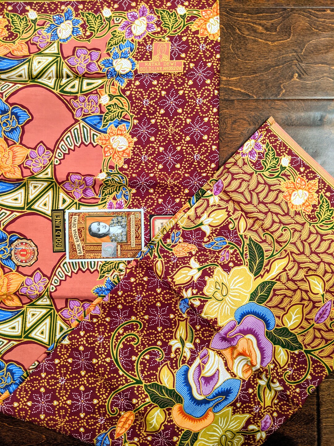 Indonesian Batik, Purple Coral Gold Line Batik Sarong, Printed Floral ...