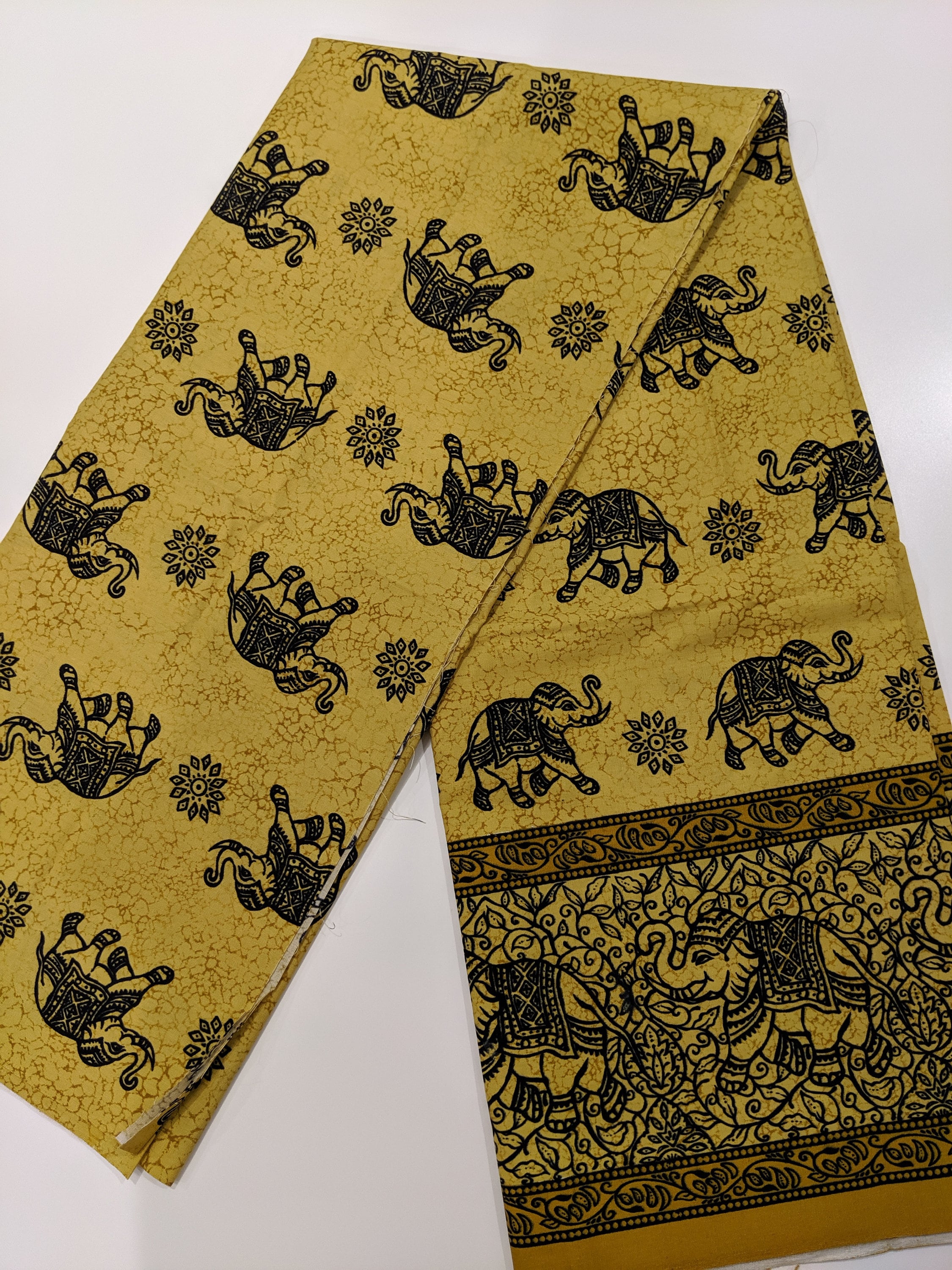 Yellow Cotton Batik Style Printed Fabric, Elephant Design, Sarong Wrap ...