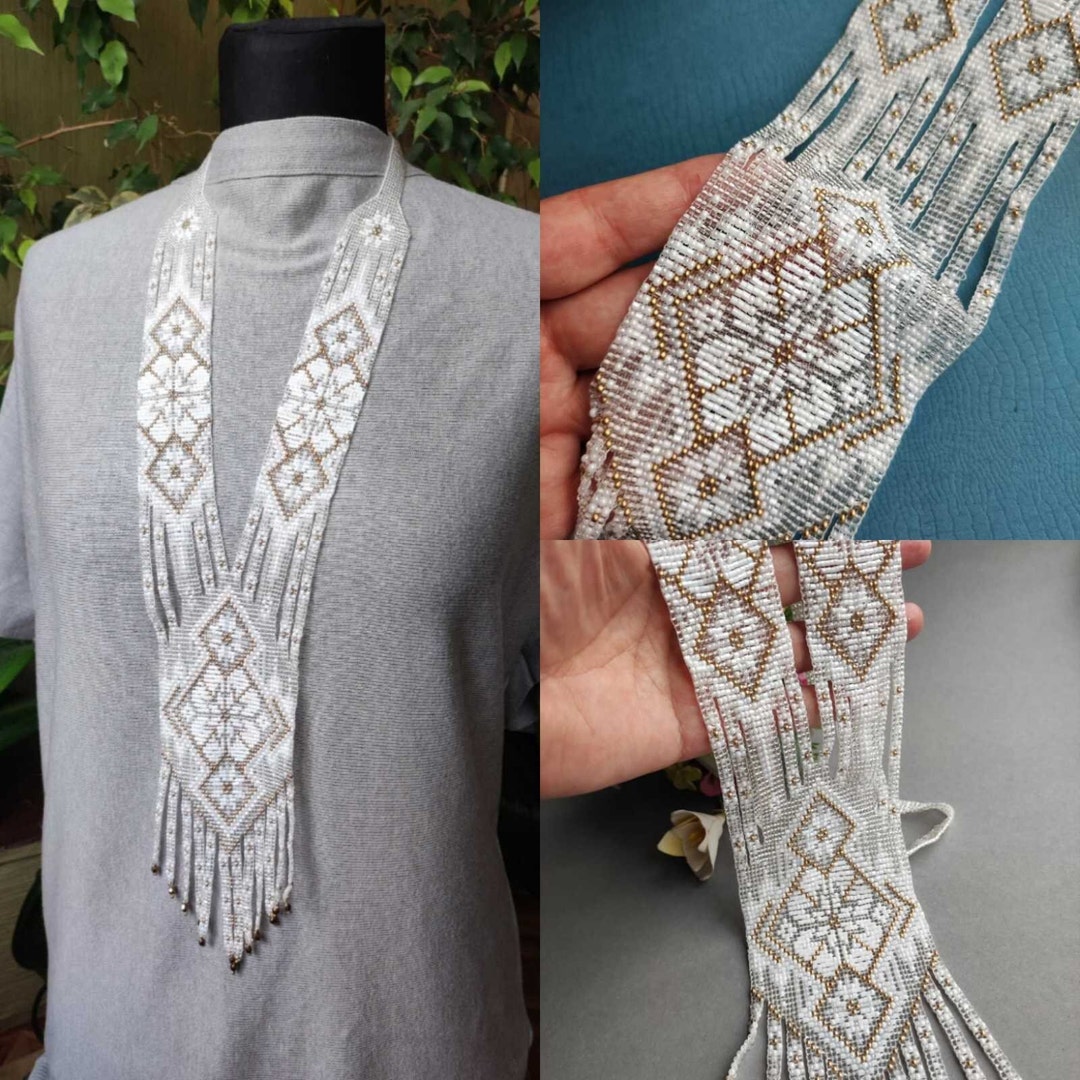 Ukrainian Beaded Gerdan. White Gerdan. White Long Necklace. White, Gold ...