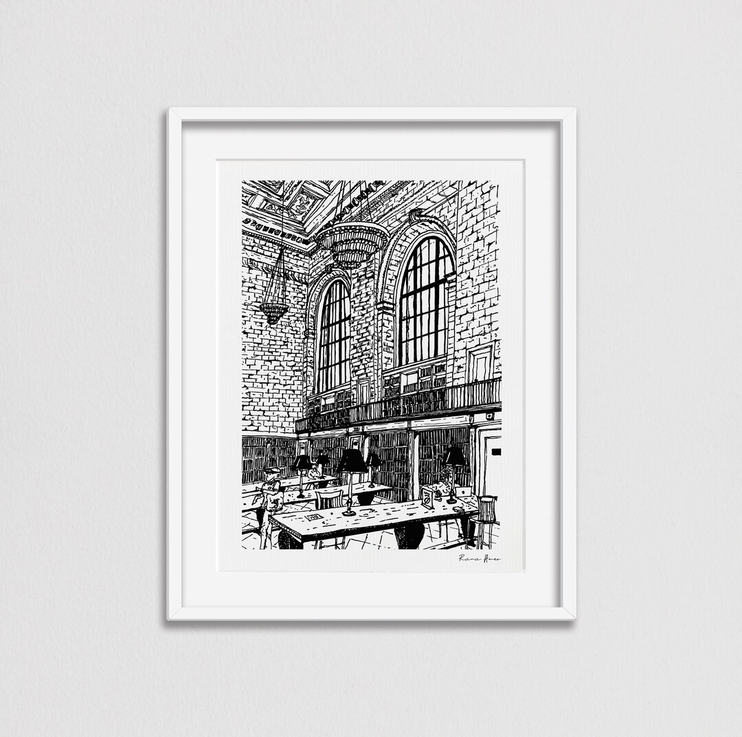 New York Public Library Print, Bryant Park Library, NYC Hand Drawn Art ...