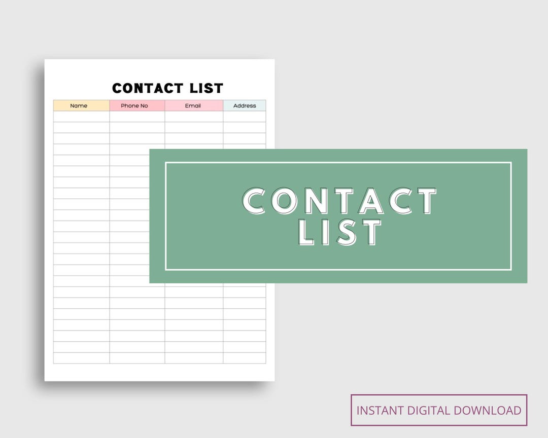 Contact List | Digital Planner Download | 8.3 X 11 | Printable ...