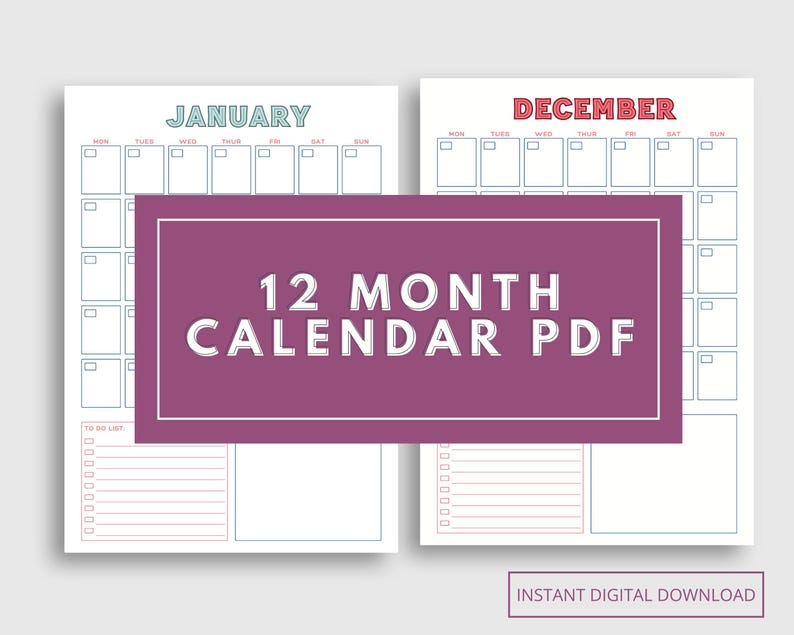 12 Month Undated Calendar | Digital Download | Academic Planner ...