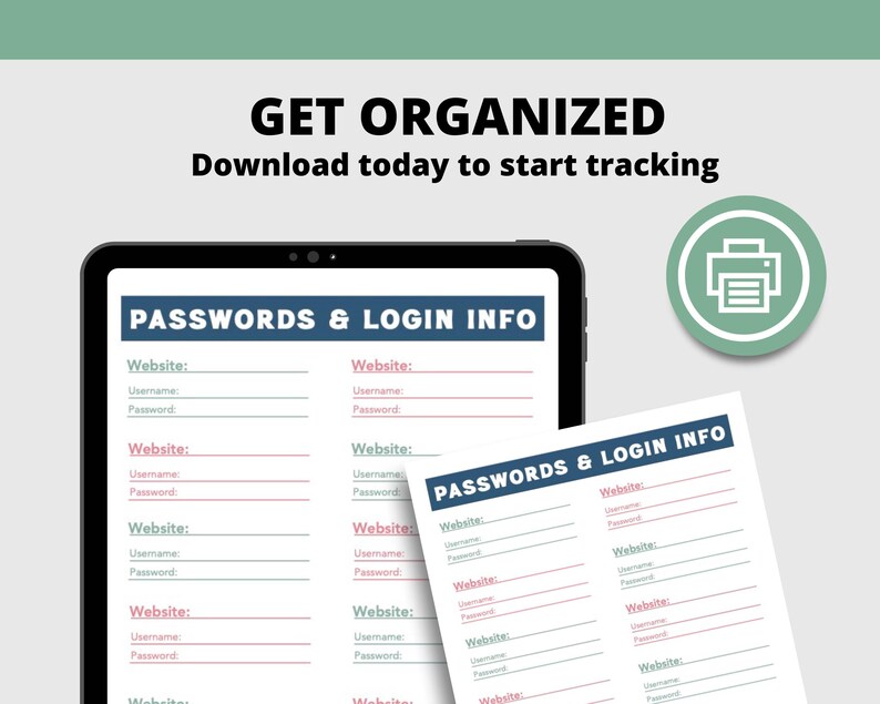 Log-in and Password Tracker, Printable Digital Download, Password ...
