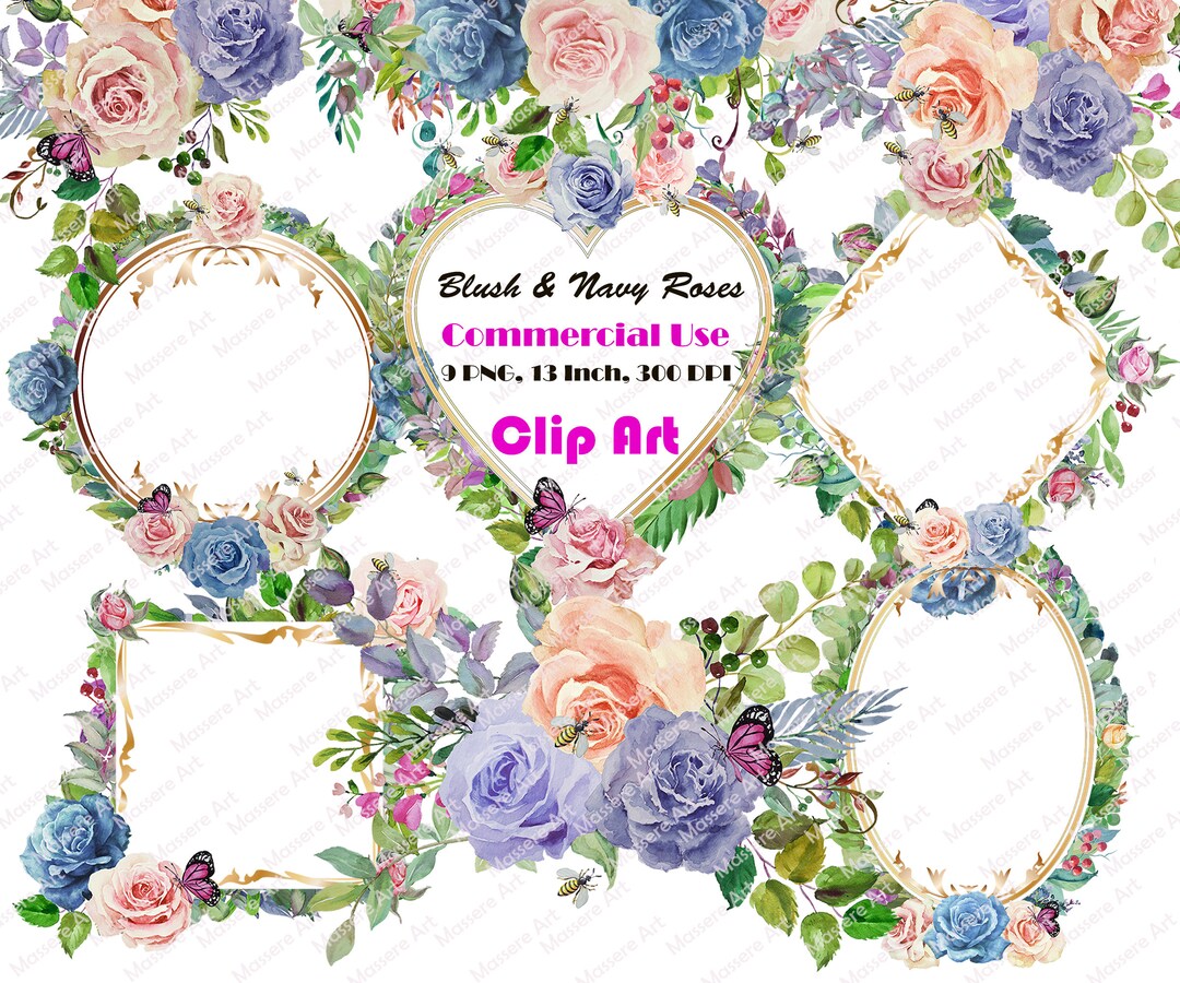 Watercolor Flowers Clipart Wedding Florals Blush and Navy - Etsy