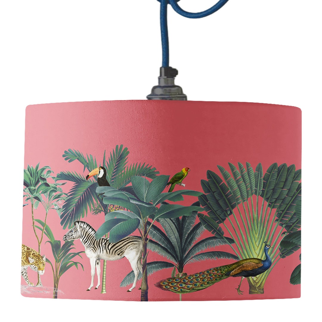 Darwin's Menagerie Pink Drum Lamp Shade | Zebra, Leopard, Peacock Scene ...
