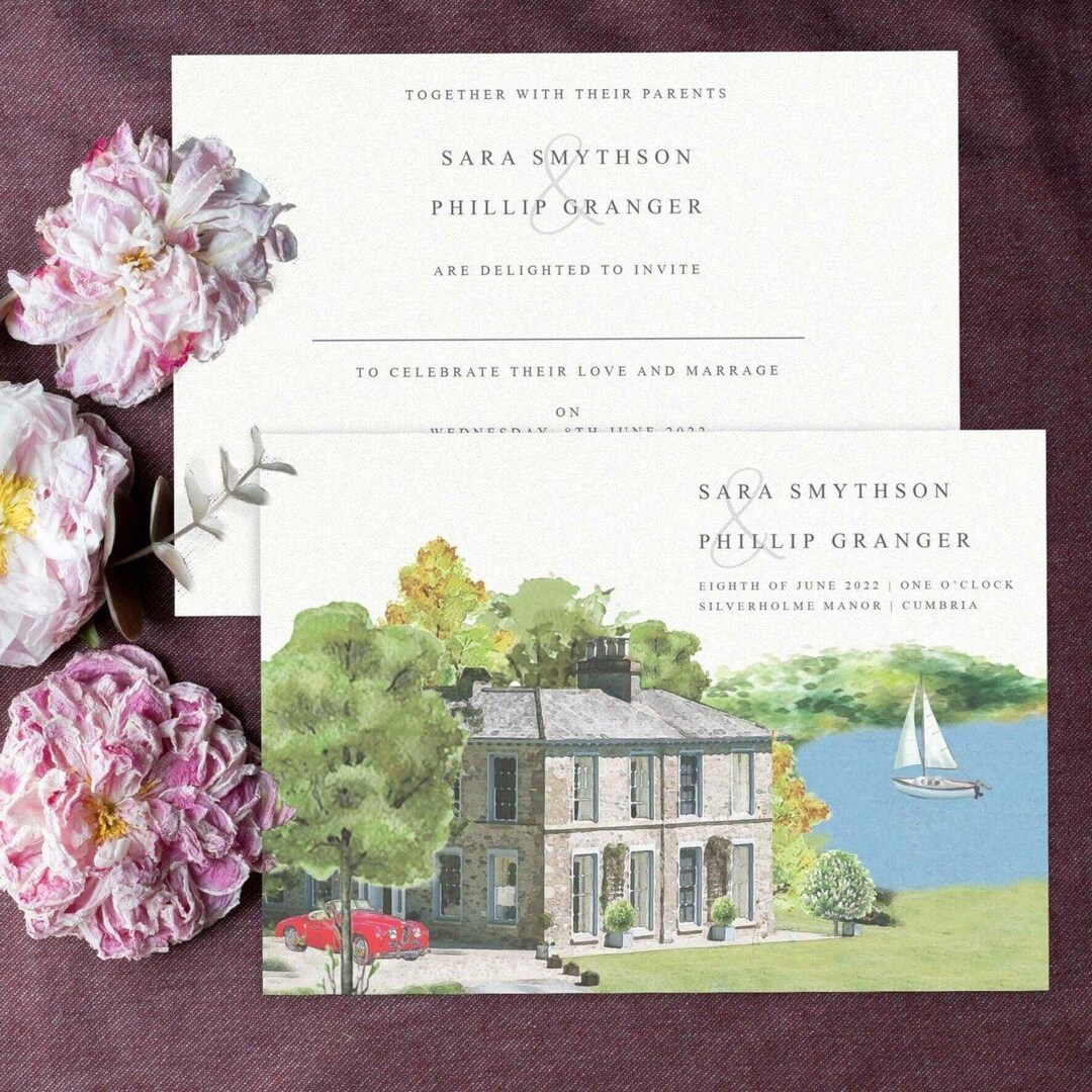 Custom Venue Wedding Invitations: Watercolor Architectural Illustration ...