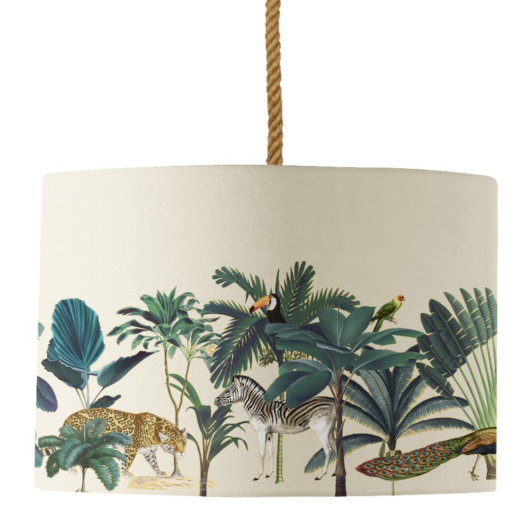 Darwin's Menagerie Ecru Drum Lamp Shade | Zebra, Leopard, Peacock Scene ...