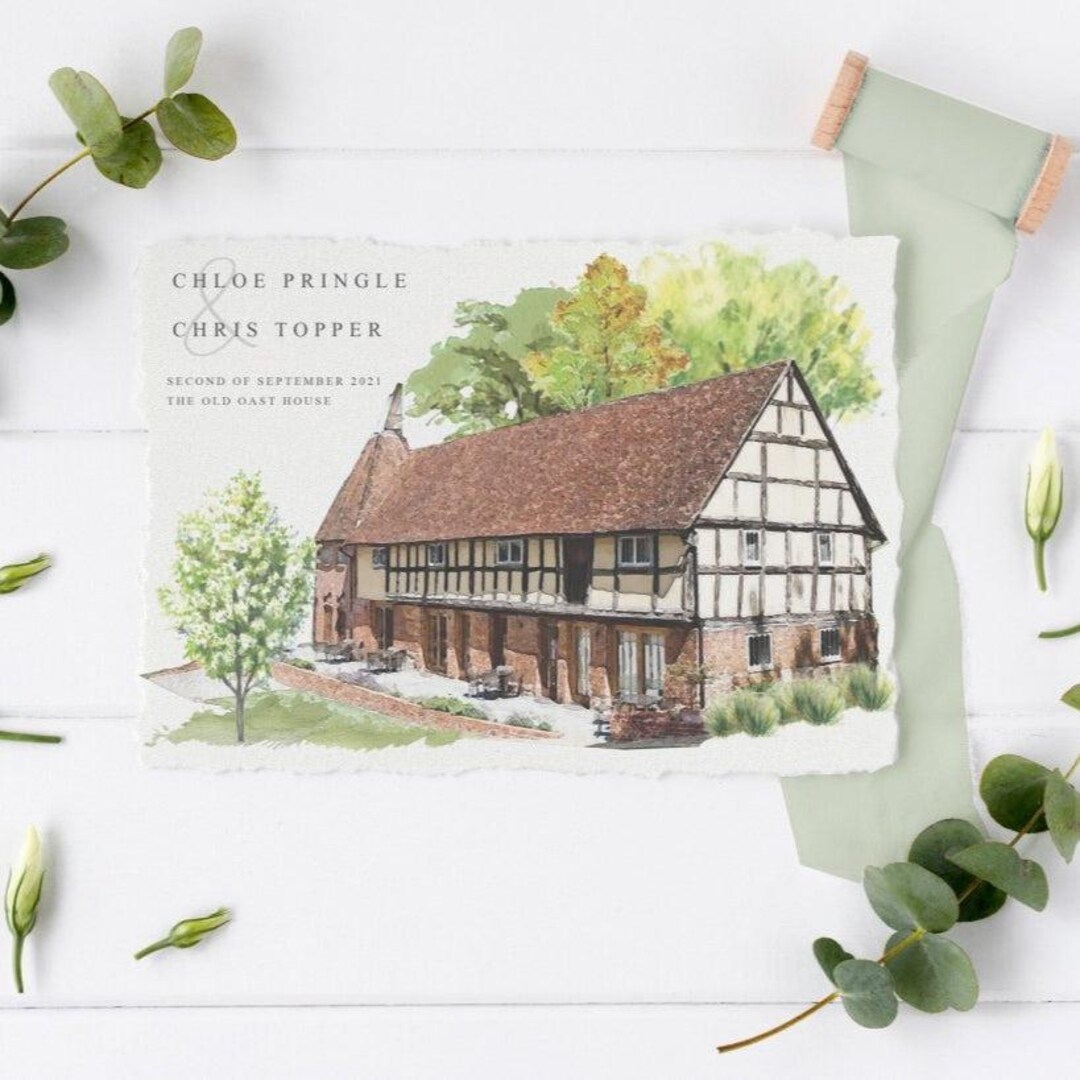 Illustrated Wedding Invitations (folded) | Custom Venue Invites ...